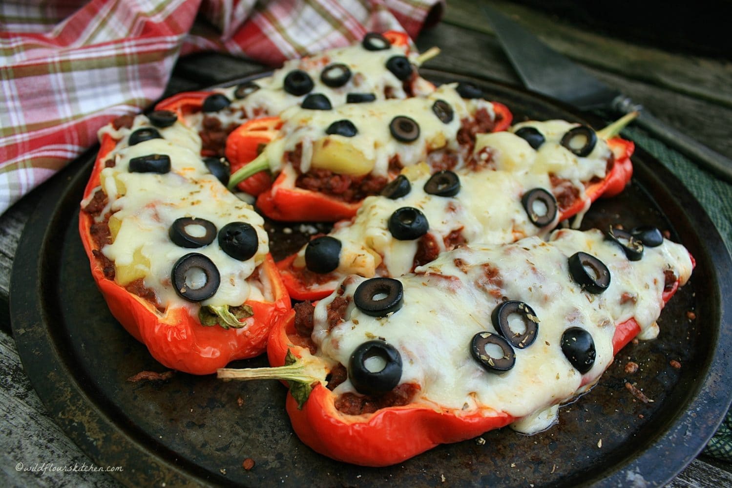 Four Meat Four Cheese Stuffed Pizza Peppers - Wildflour's Cottage Kitchen